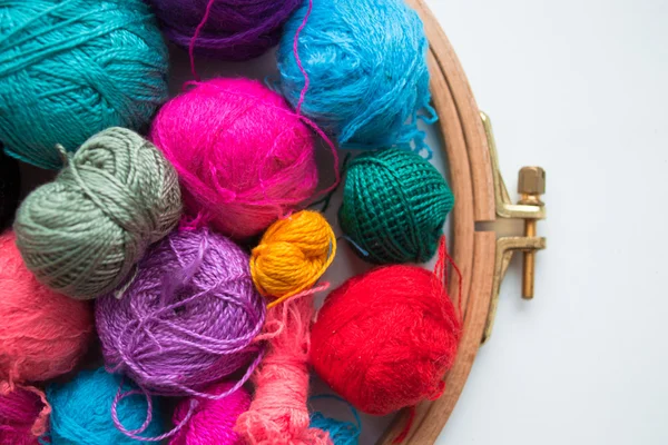 Embroidery threads and frame with space for text. White background ...