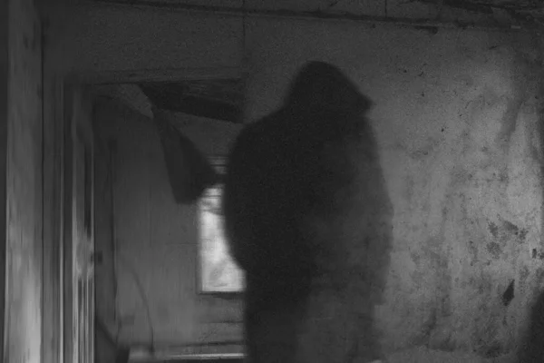 Duo Tone Horror Concept Scary Hooded Figure Standing Ruined Building ...