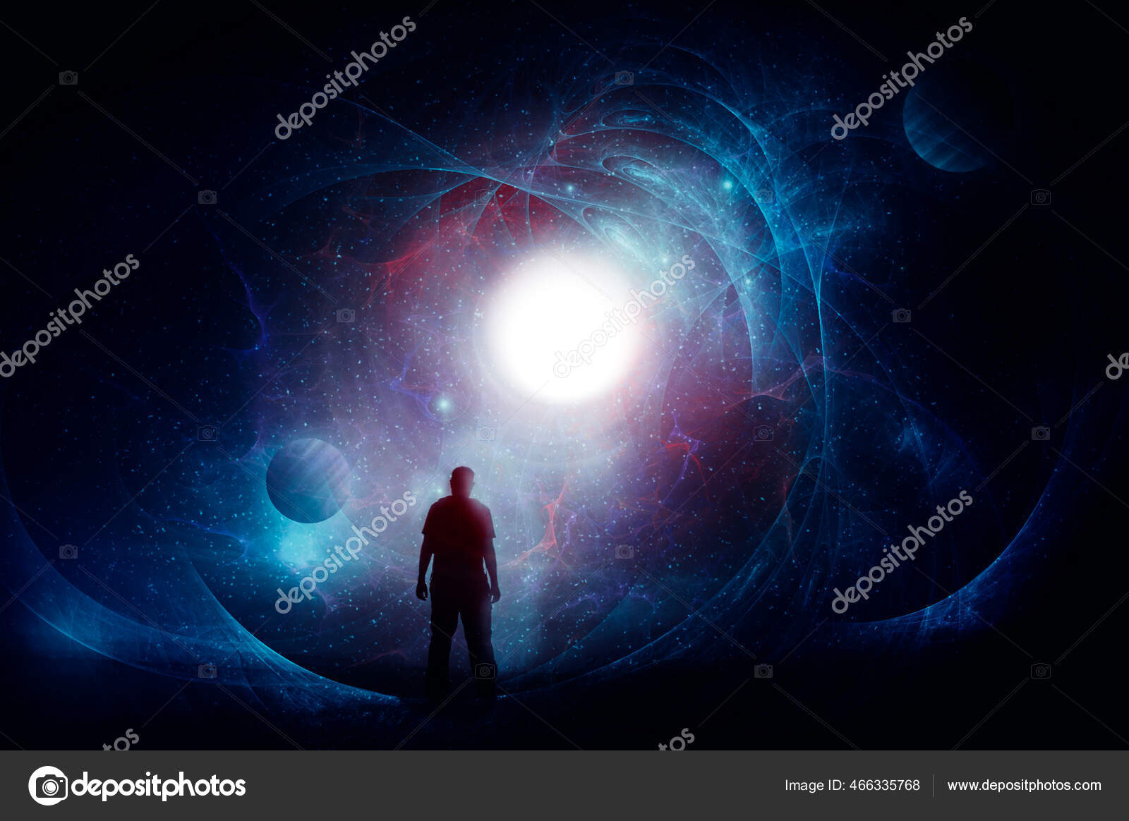 Science Fiction Concept Man Back Camera Looking Bright Sun Set — Stock ...