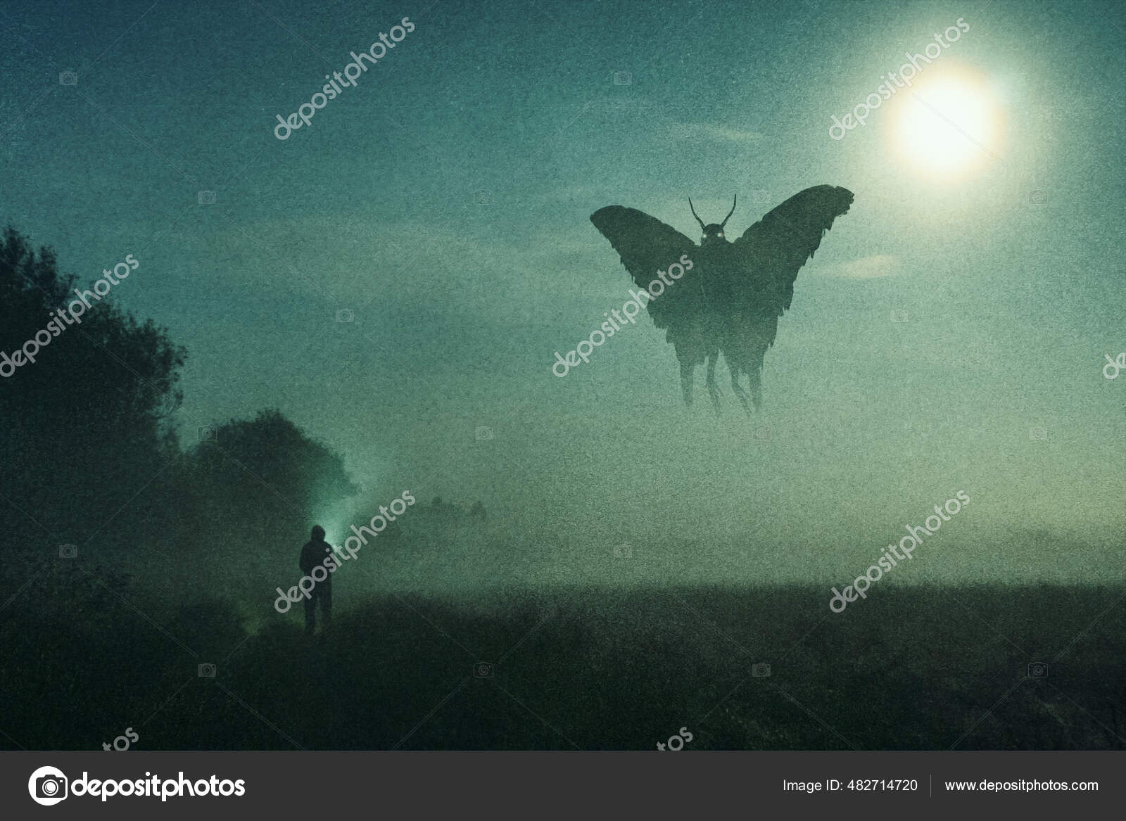 Horror Concept Man Looking Mysterious Monster Mothman Figure Flying Sky ...