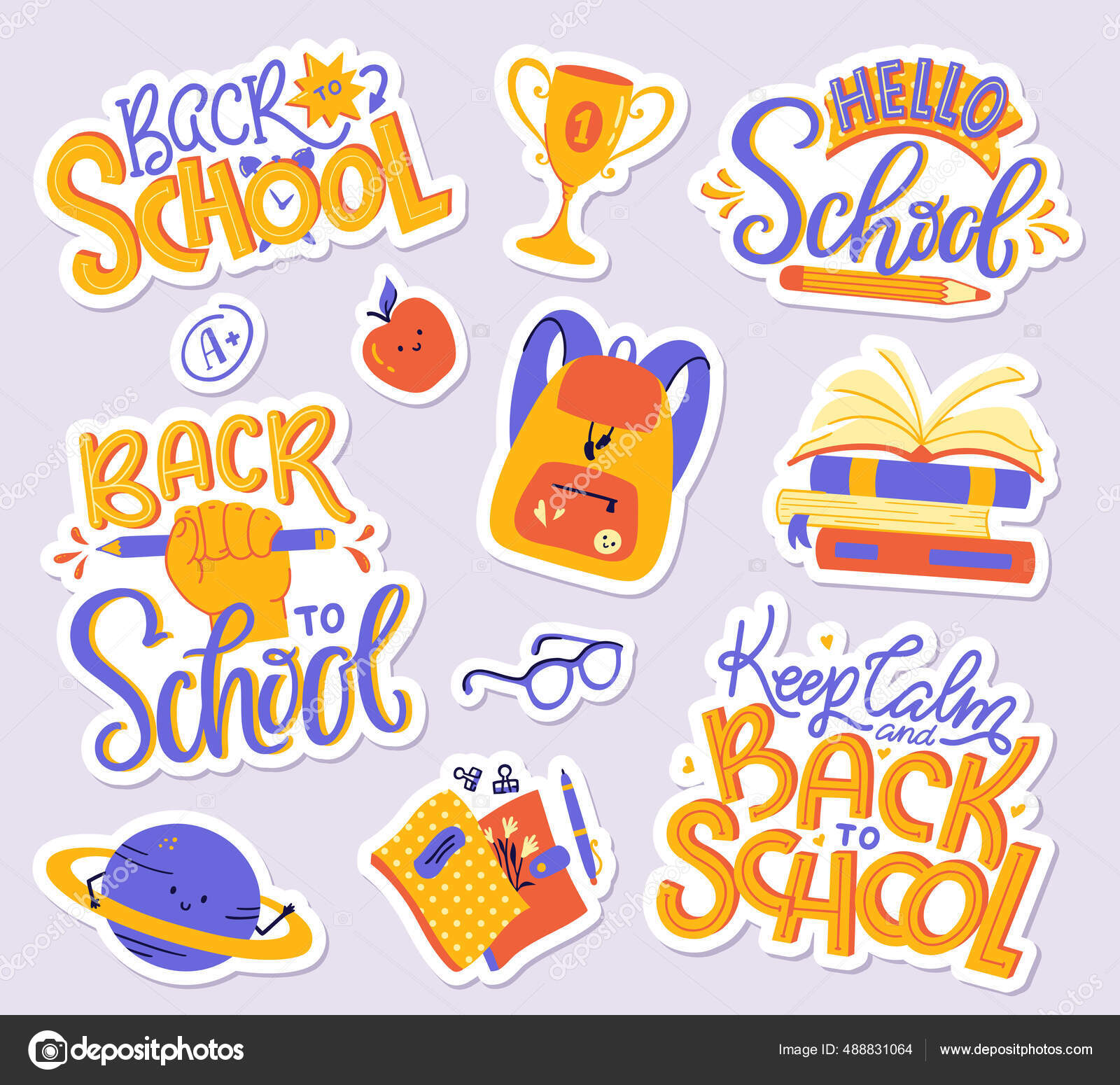 School Sticker Pack Books Copybooks Backpack Planet Apple Glasses Grade ...