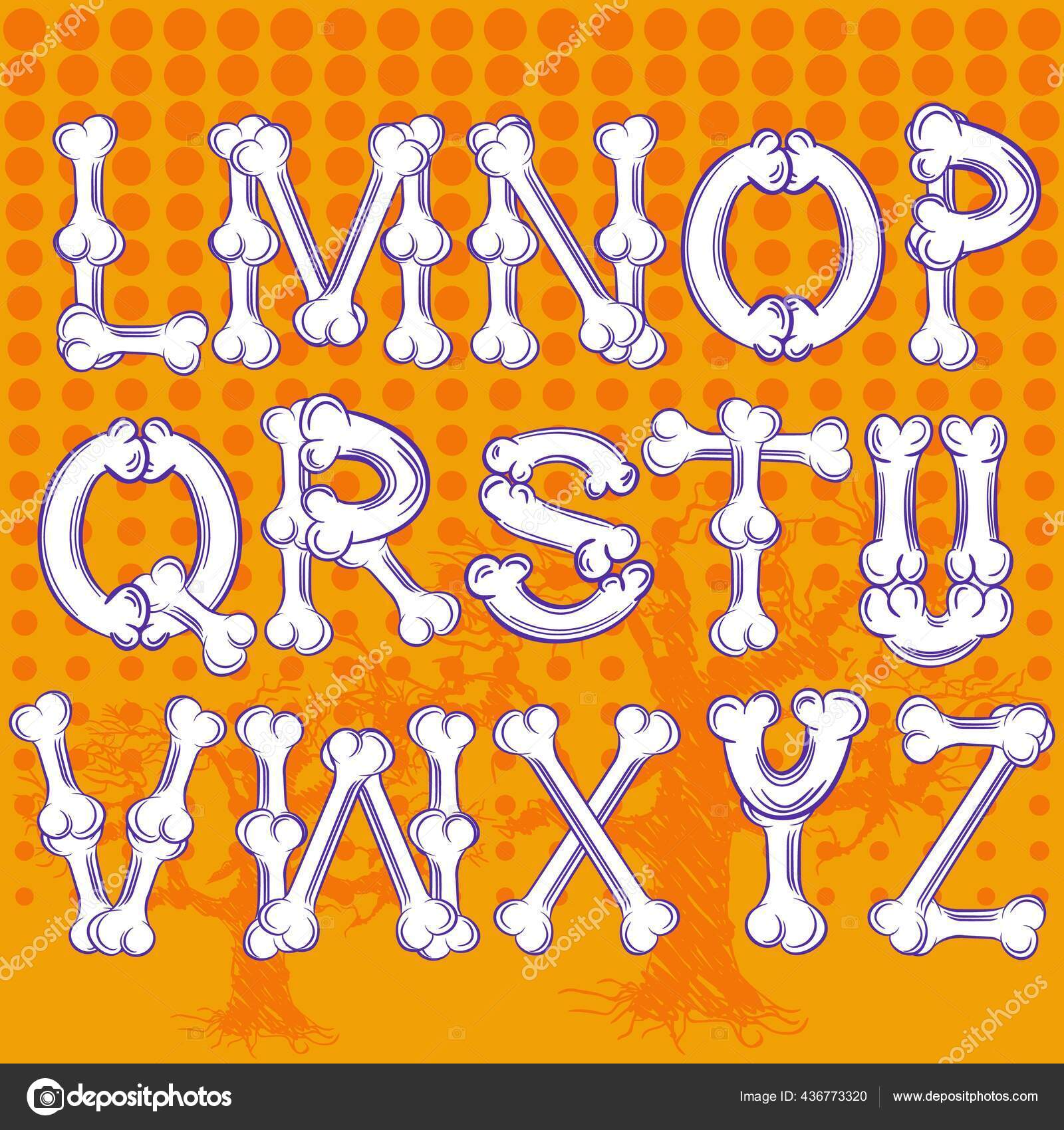 Latin Alphabet Set Letters Bones Halloween Funny Cartoon Style Isolated ...