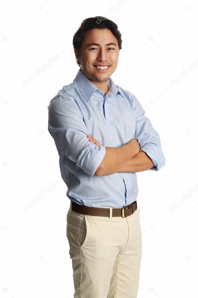 Smiling laidback man in blue shirt Stock Photo by ©-Robbie- 104887090