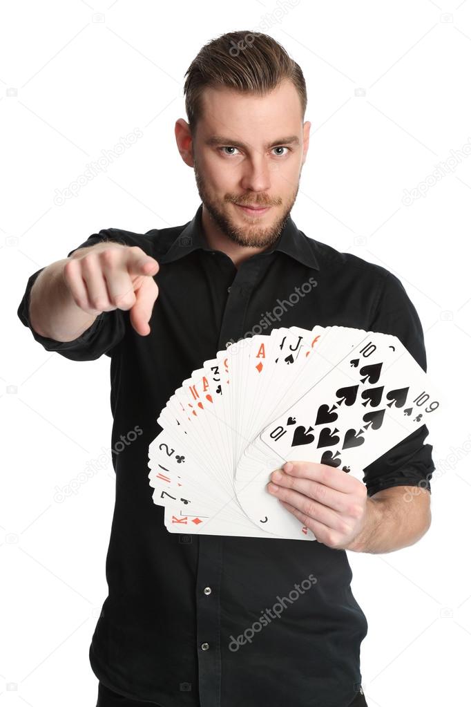 Man with large playing cards — Stock Photo © -Robbie- #75482037