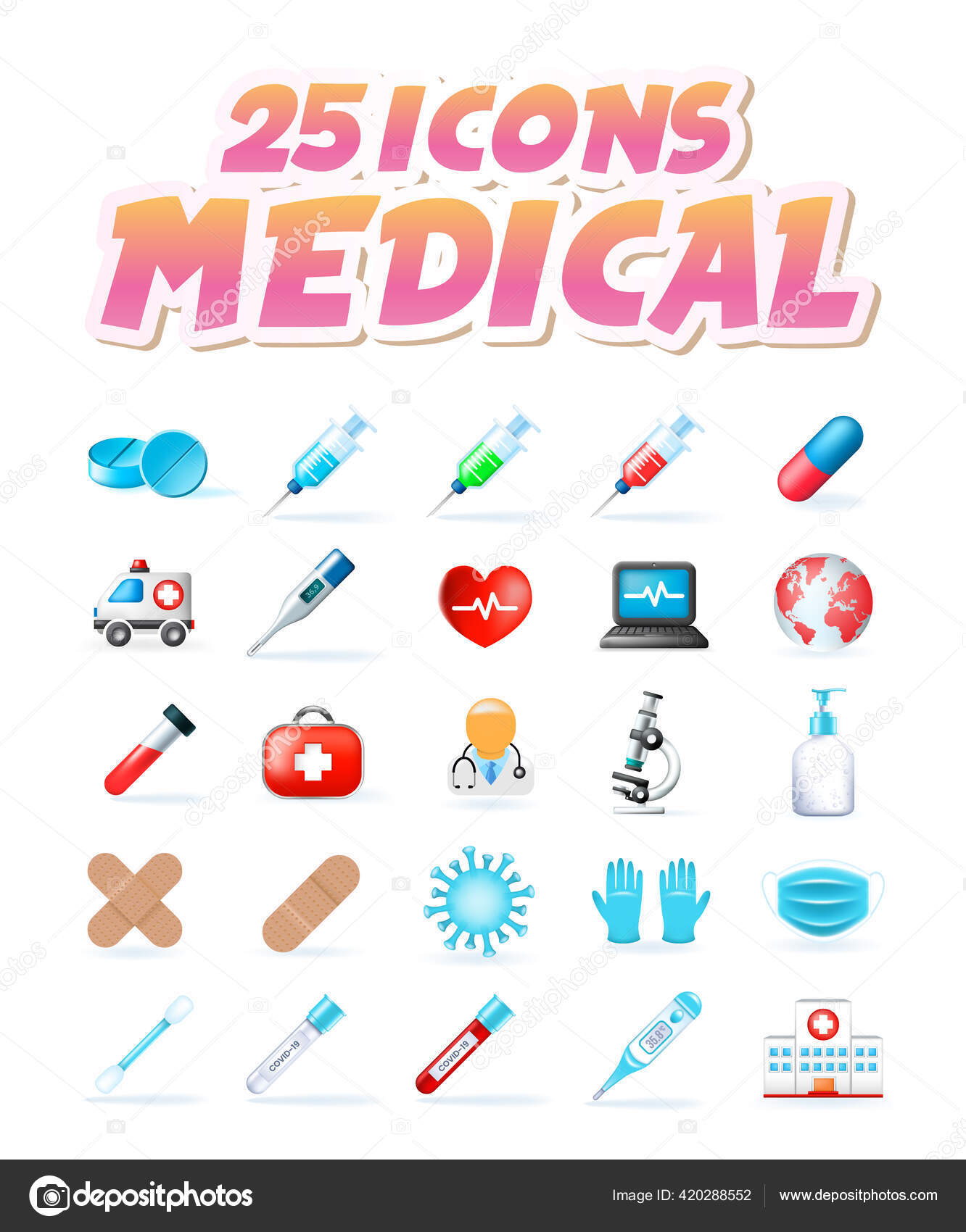 Realistic Cute Icons White Background Isolated Vector Illustration ...