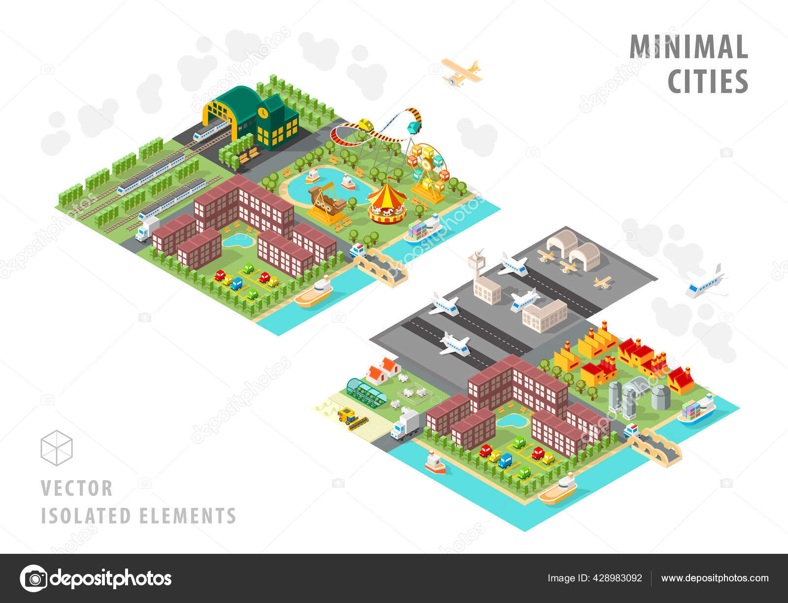 Set Isolated Isometric City Maps Elements Shadows White Background ...