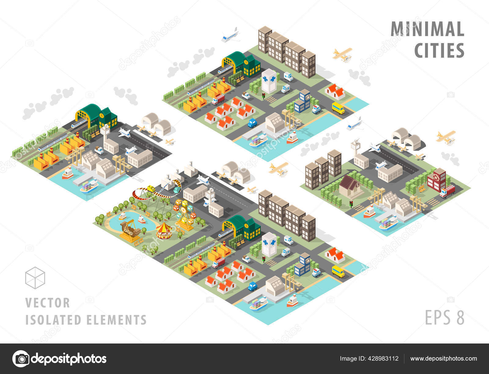 Set Isolated Isometric City Maps Elements Shadows White Background ...