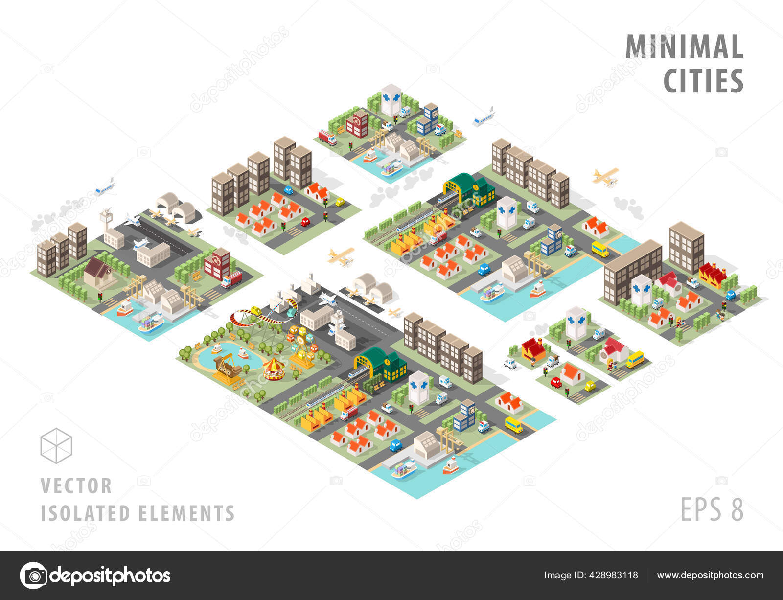 Set Isolated Isometric City Maps Elements Shadows White Background ...