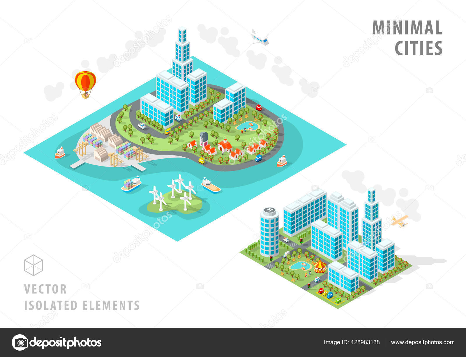 Set Isolated Isometric City Maps Elements Shadows White Background ...