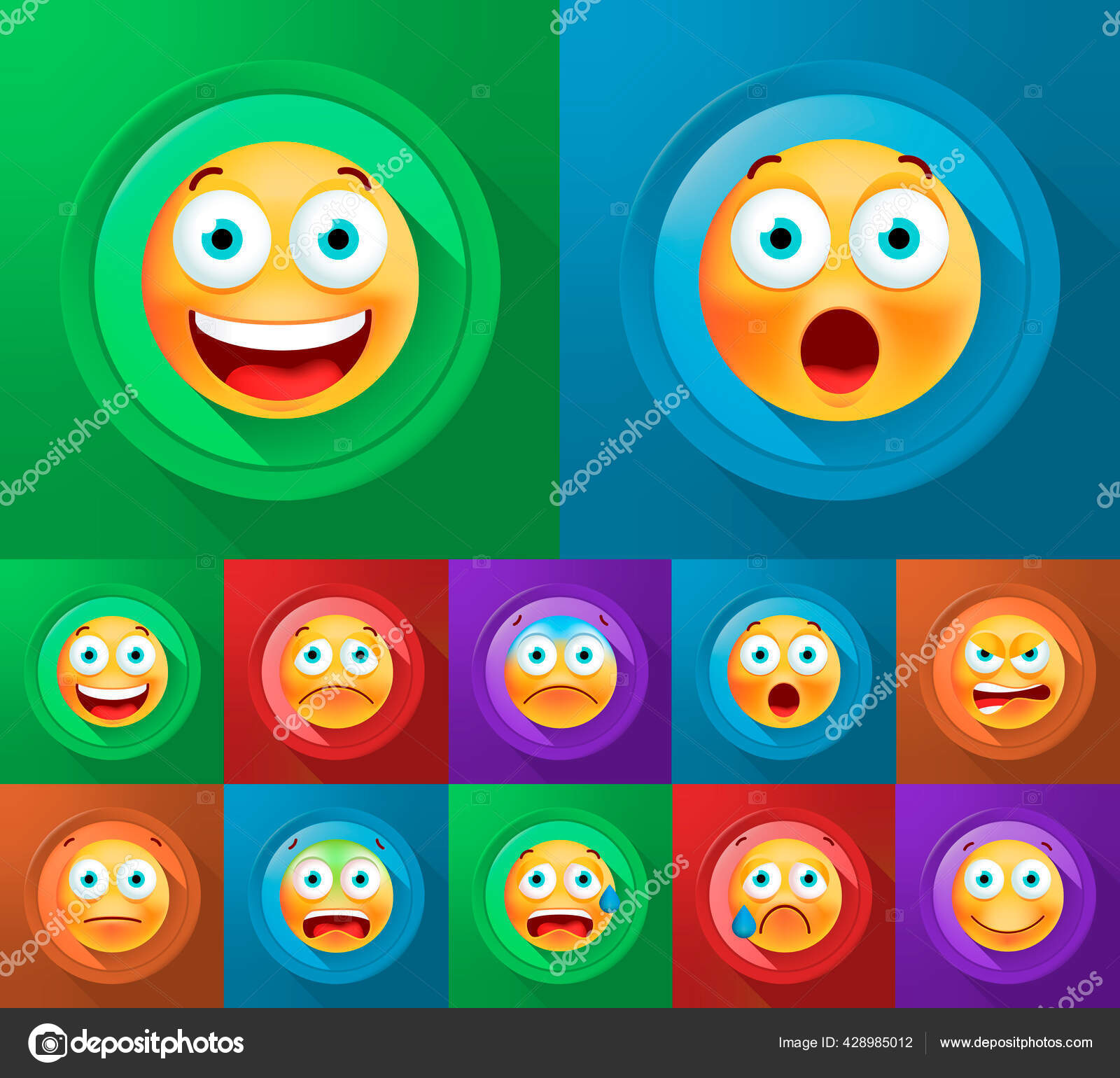 Set Cute High Quality Emoticons Solid Background Isolated Vector ...
