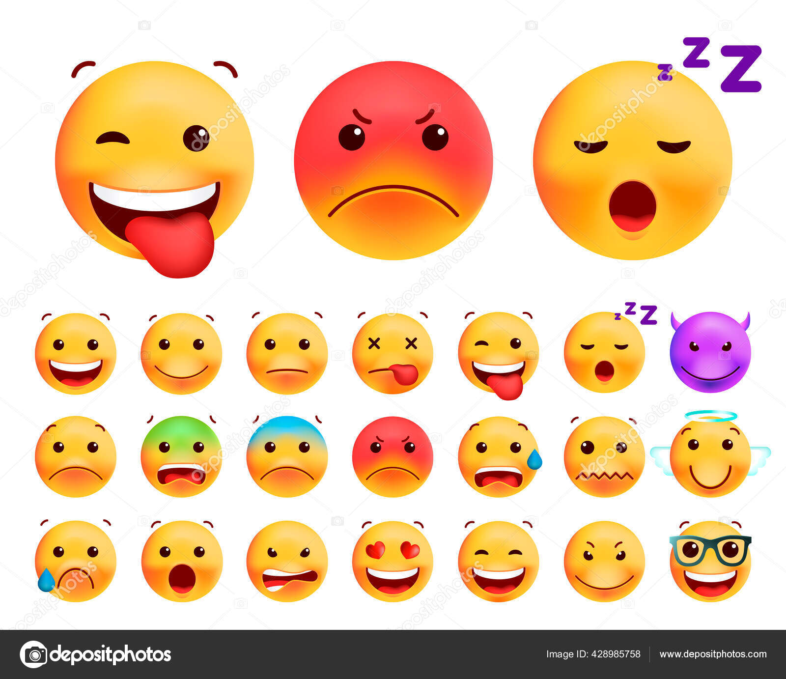 Set Cute High Quality Emoticons Solid Background Isolated Vector ...