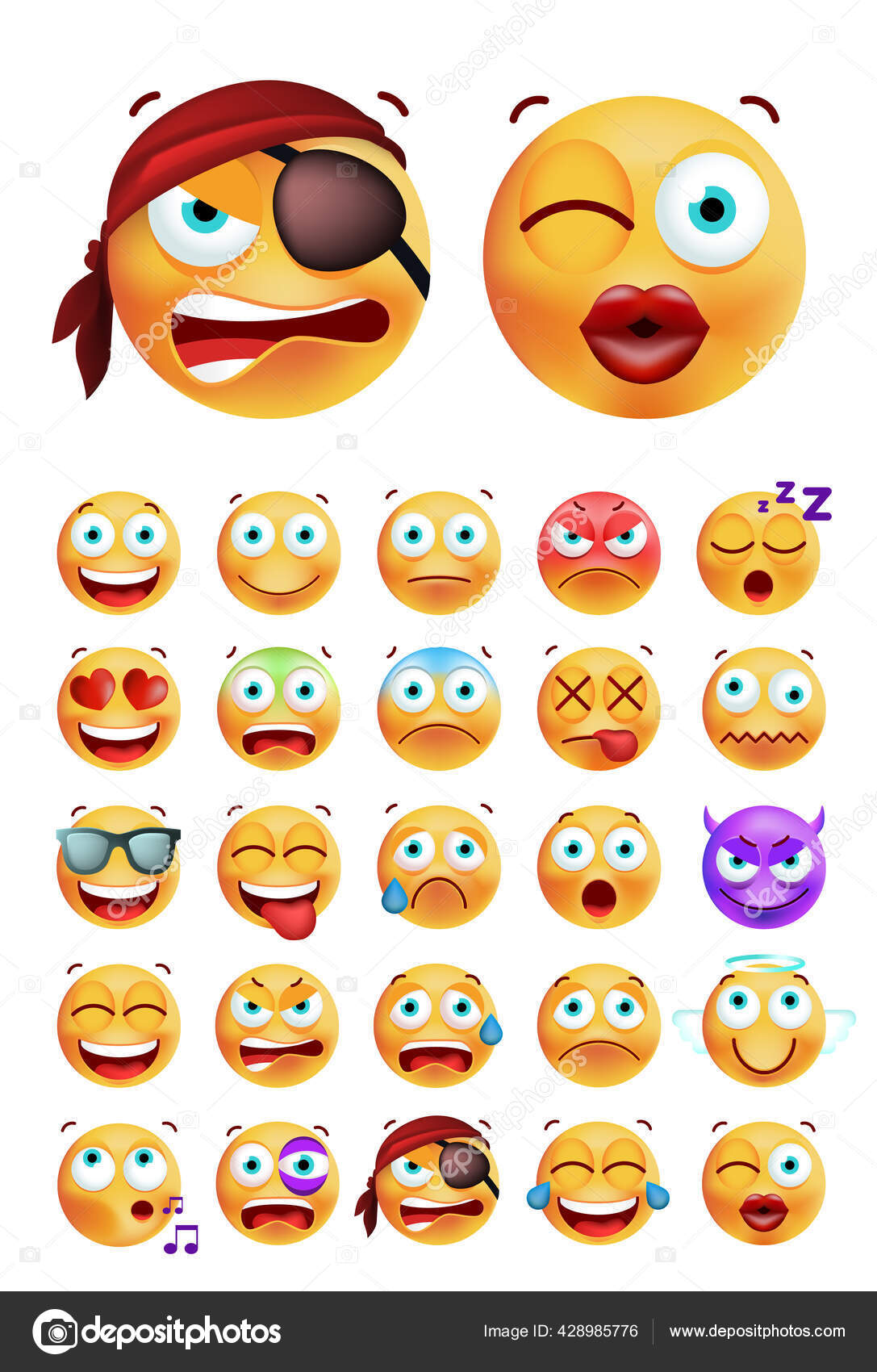 Set Cute High Quality Emoticons Solid Background Isolated Vector ...