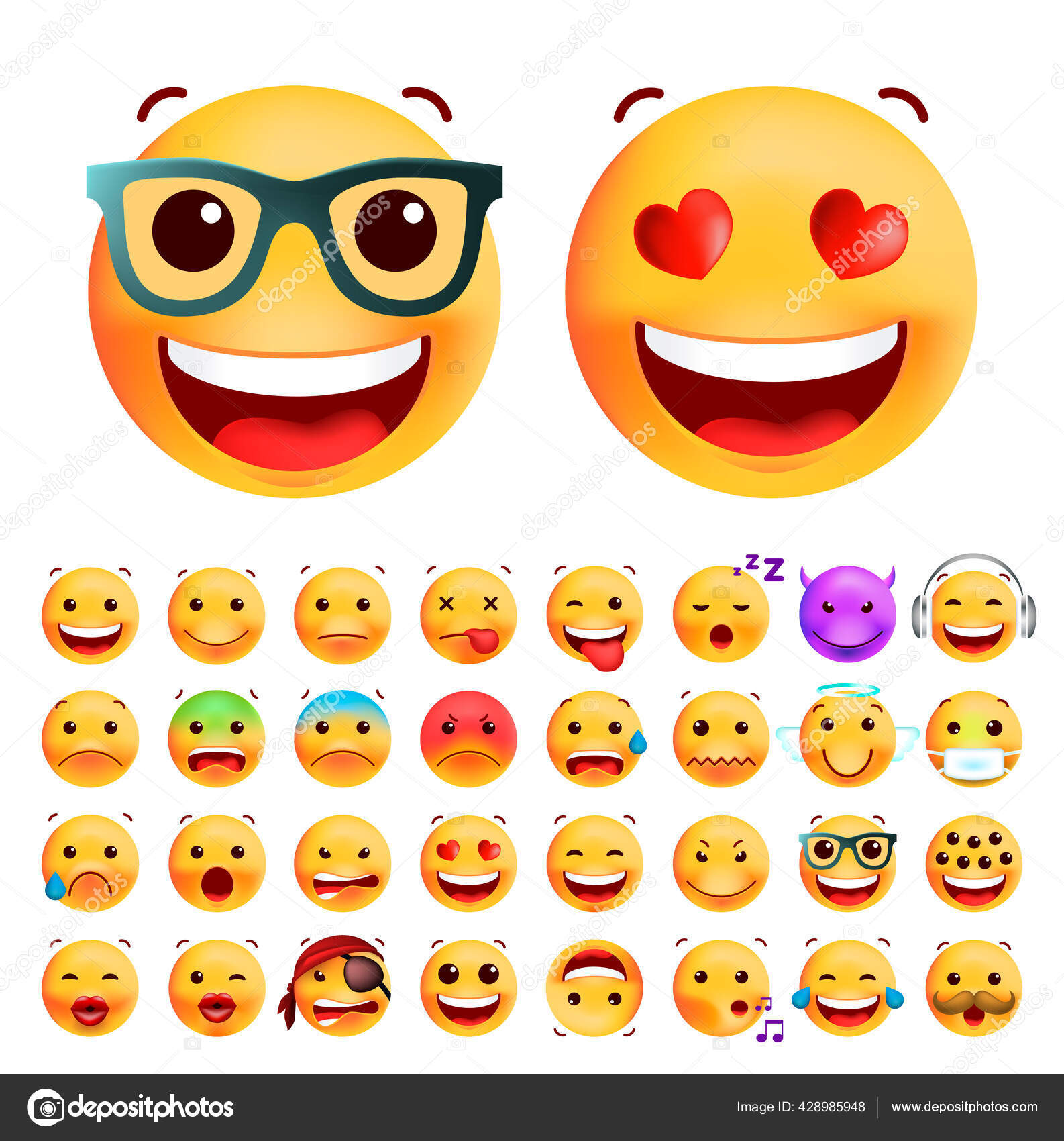 Conjunto Emoticones Lindos Alta Calidad Sobre Fondo Sólido Ilustración Vectorial vector, gráfico ...