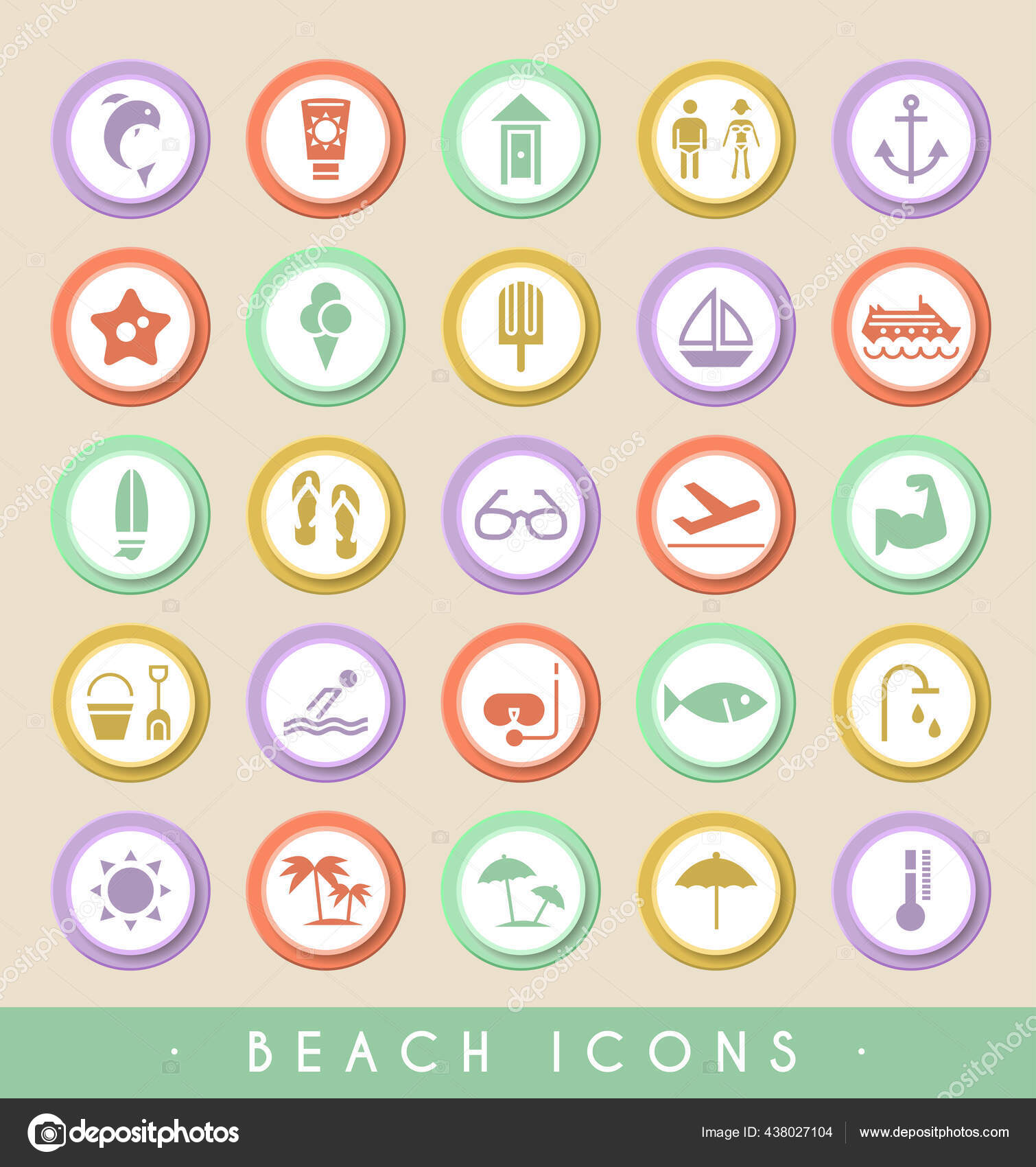 Set Beach Icons Circular Colored Buttons Vector Isolated Elements Stock ...