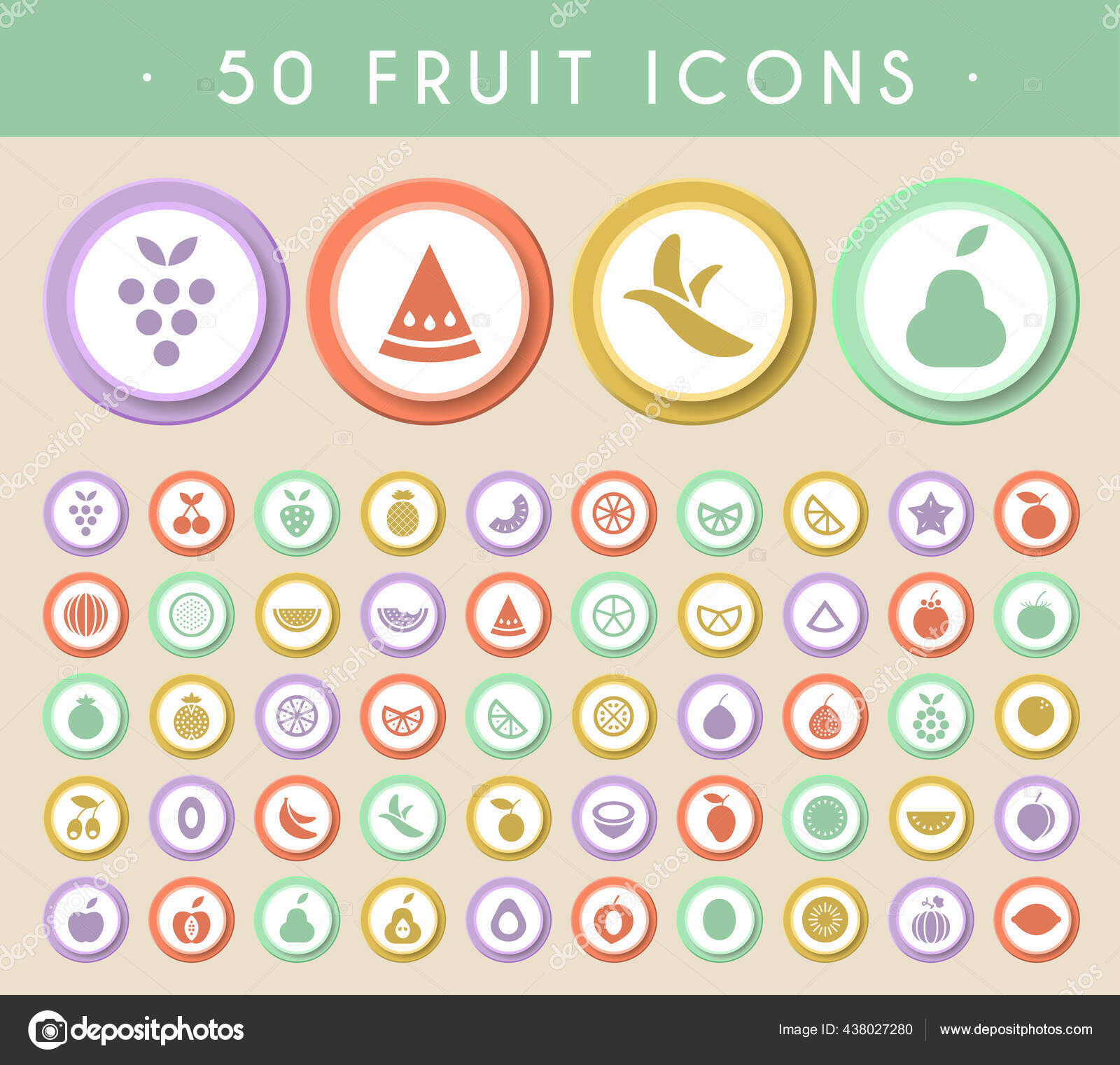 Set Fruit Icons Circular Colored Buttons Vector Isolated Elements Stock ...