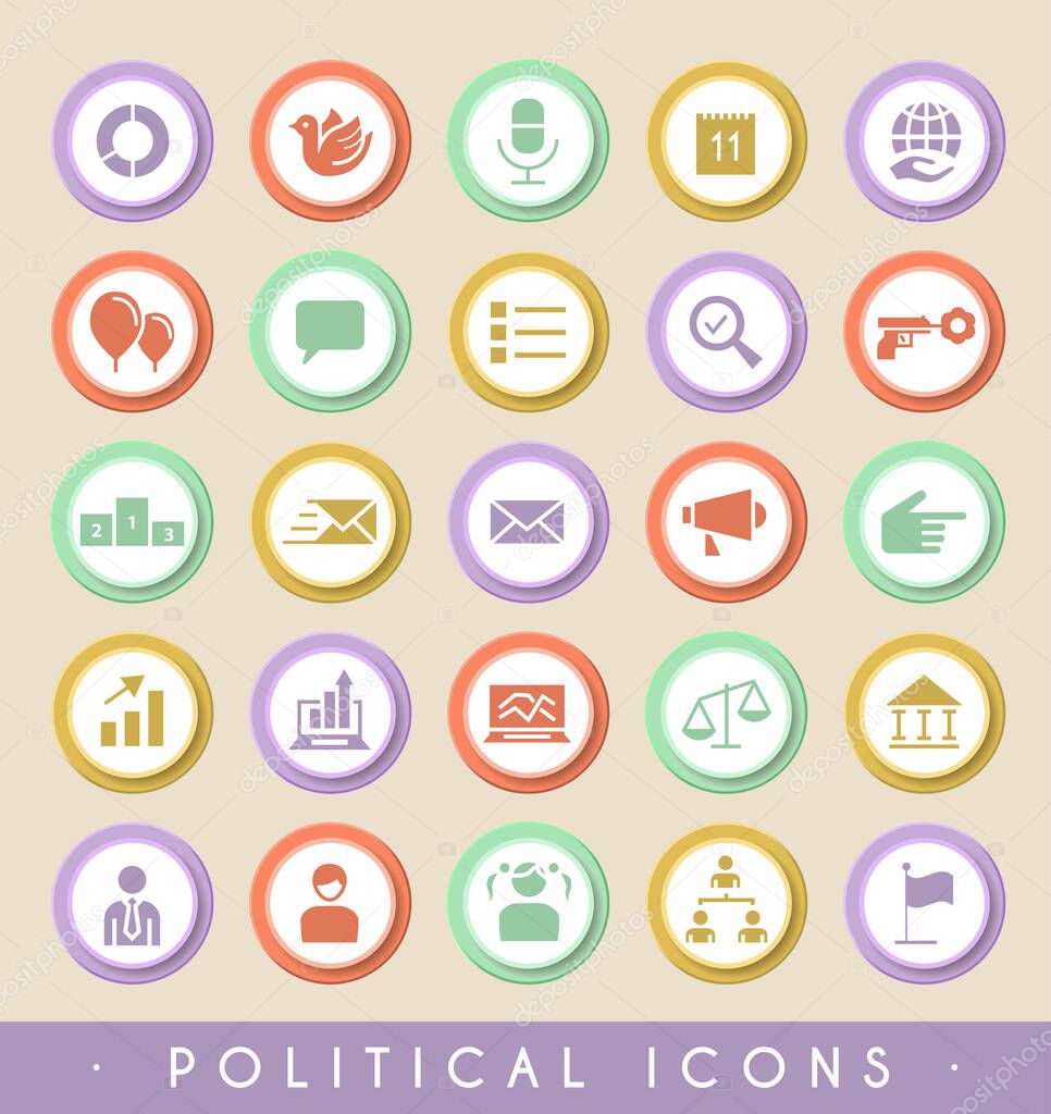 Conjunto de 25 iconos políticos en botones circulares de colores ...
