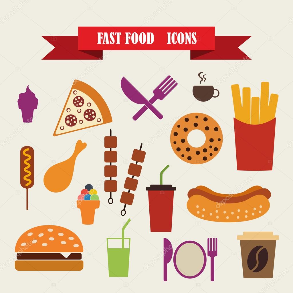 Iconos multicolores con cinta adhesiva sobre el tema de la comida ...