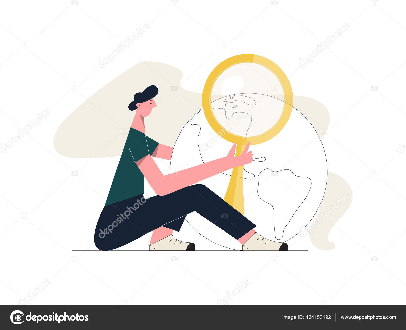 Research concept. Male character, the earth, magnifying glass. Flat ...