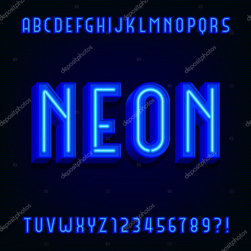Neon alfabeto vector fuente. Letras de tipo 3D con tubos de neón azul y ...