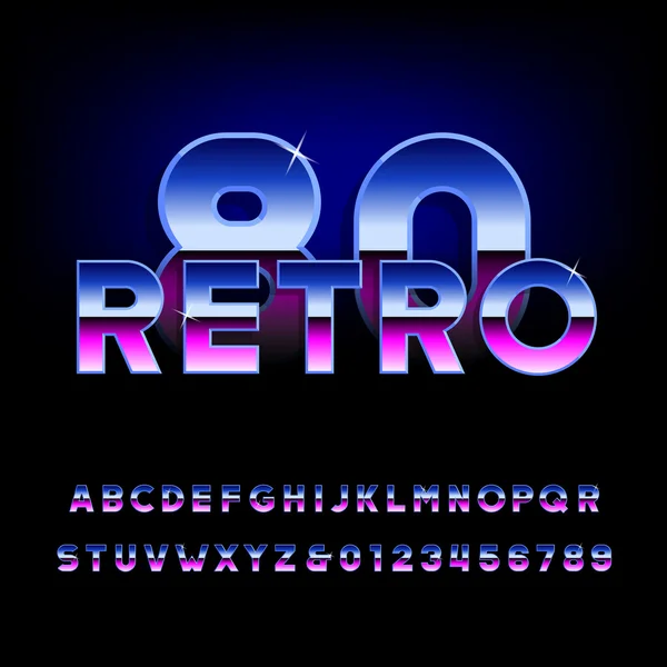 80's retro alphabet font. Metallic effect shiny letters and numbers ...