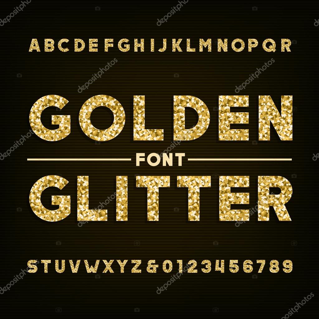 Golden glitter alfabeto fuente. Letras y números en negrita. 2023