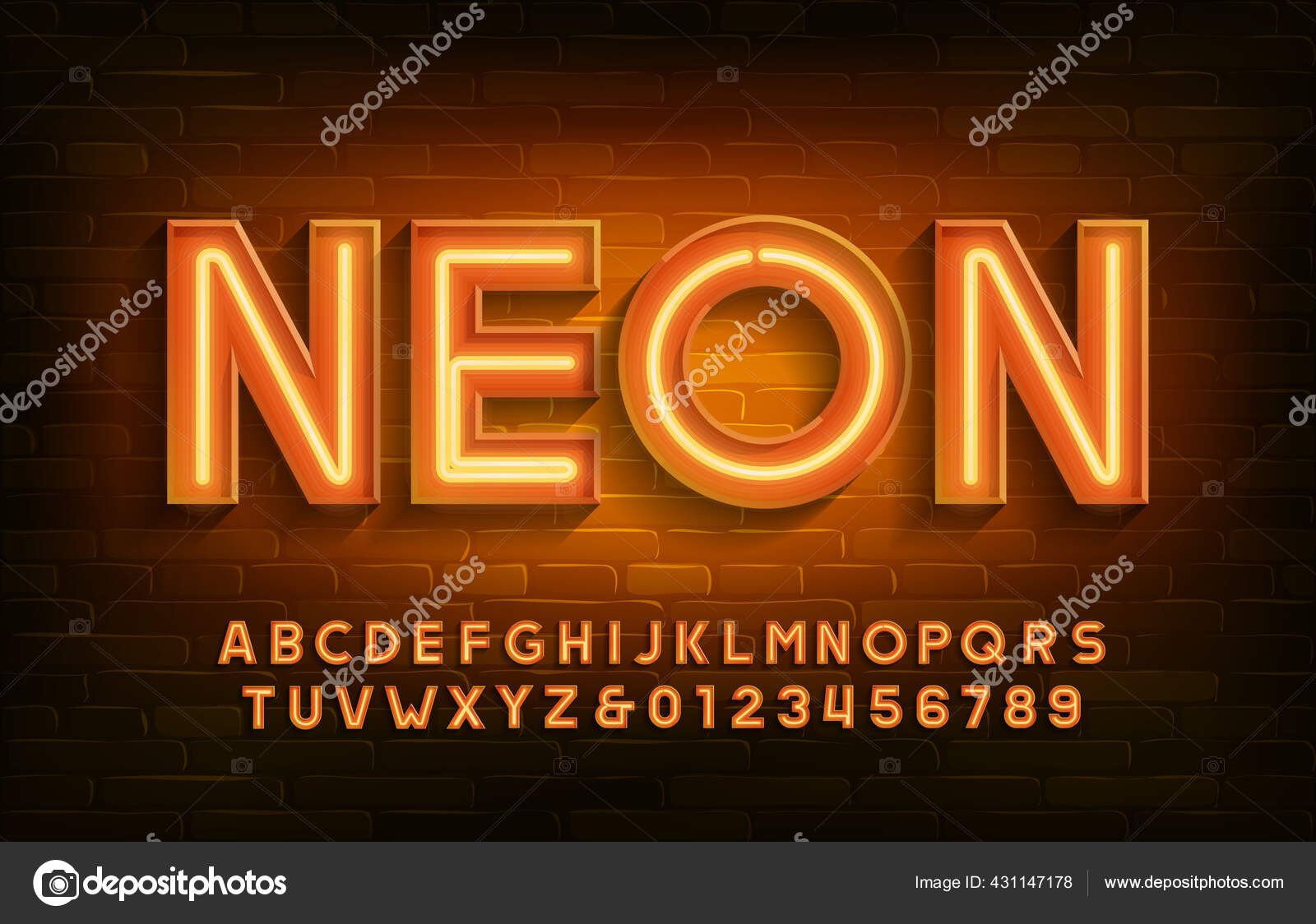 Neon Alphabet Font Neon Light Letters Numbers Brick Wall Background ...