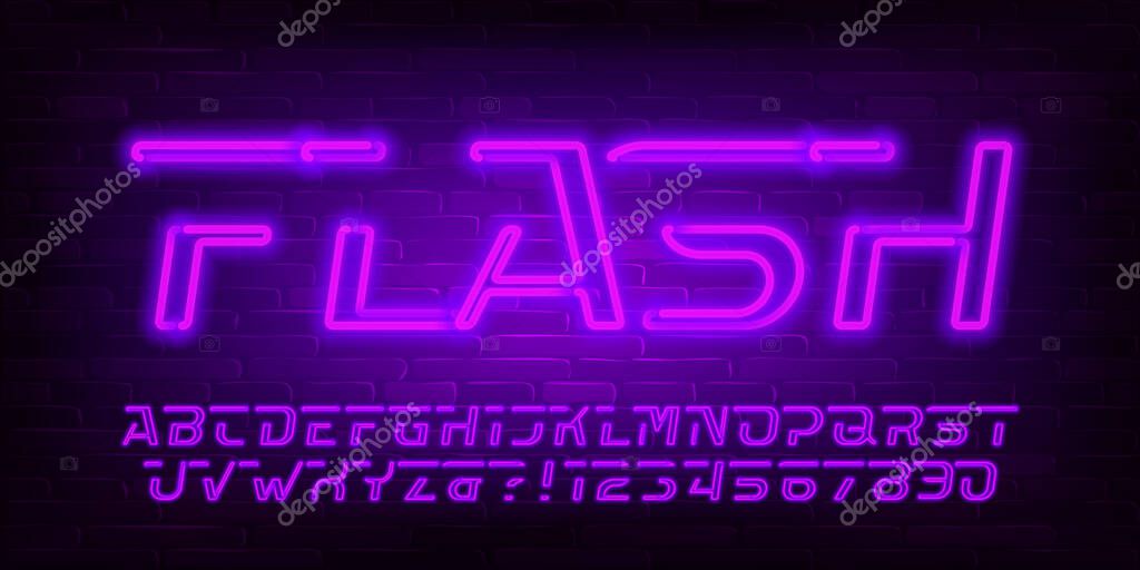 Fuente Flash Alphabet Letras Neón Púrpura Números Símbolos Fondo Pared Vector de stock por ...
