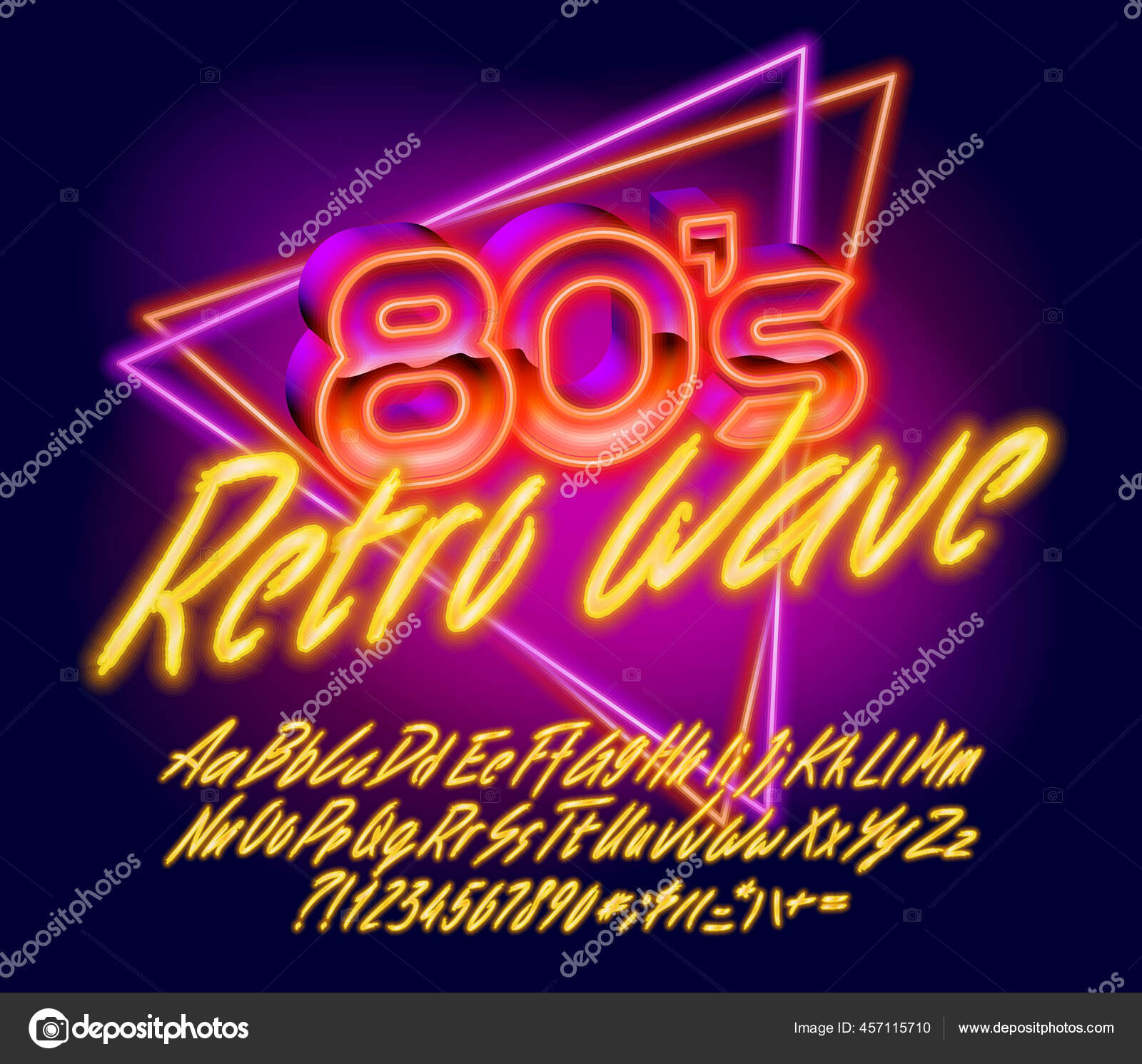 80S Retro Wave Alphabet Font Hand Drawing Glowing Letters Numbers Stock ...