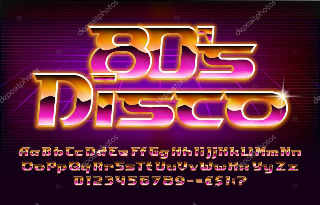 80s Disco alfabeto fuente. Letras brillantes, números y puntuaciones al ...