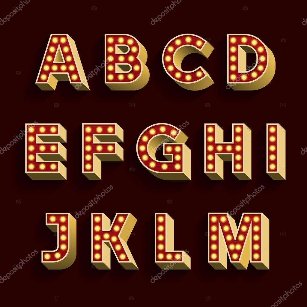 Bombilla retro alfabeto vectorial fuente. Parte 1 de 3. Letras A - M. 2024 Bombilla retro alfabeto vectorial fuente. Parte 1 de 3. Letras A - M. 2024