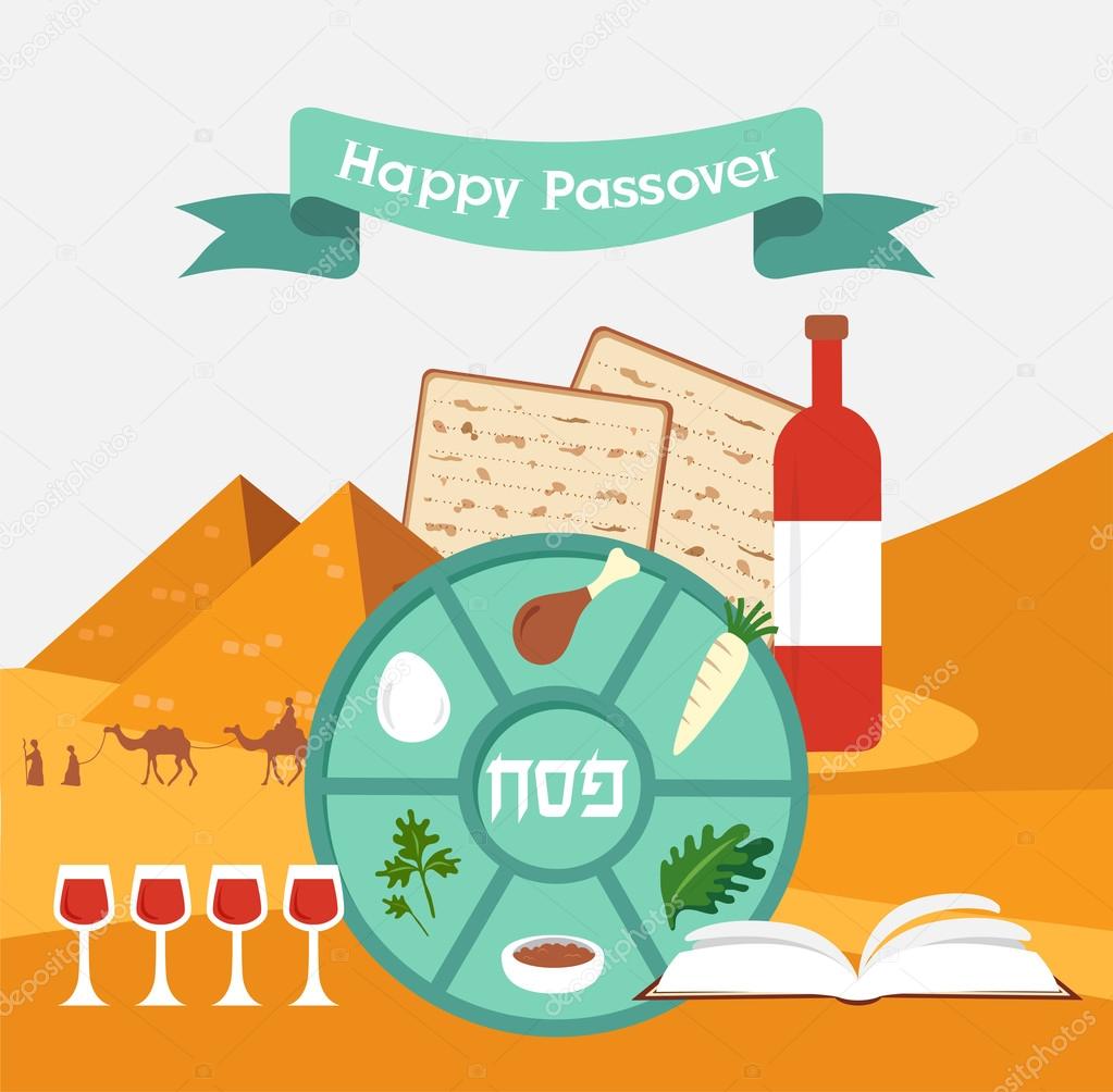 Passover Seder Plate With Flat Trasitional Icons Over A Desert Background — Stock Vector