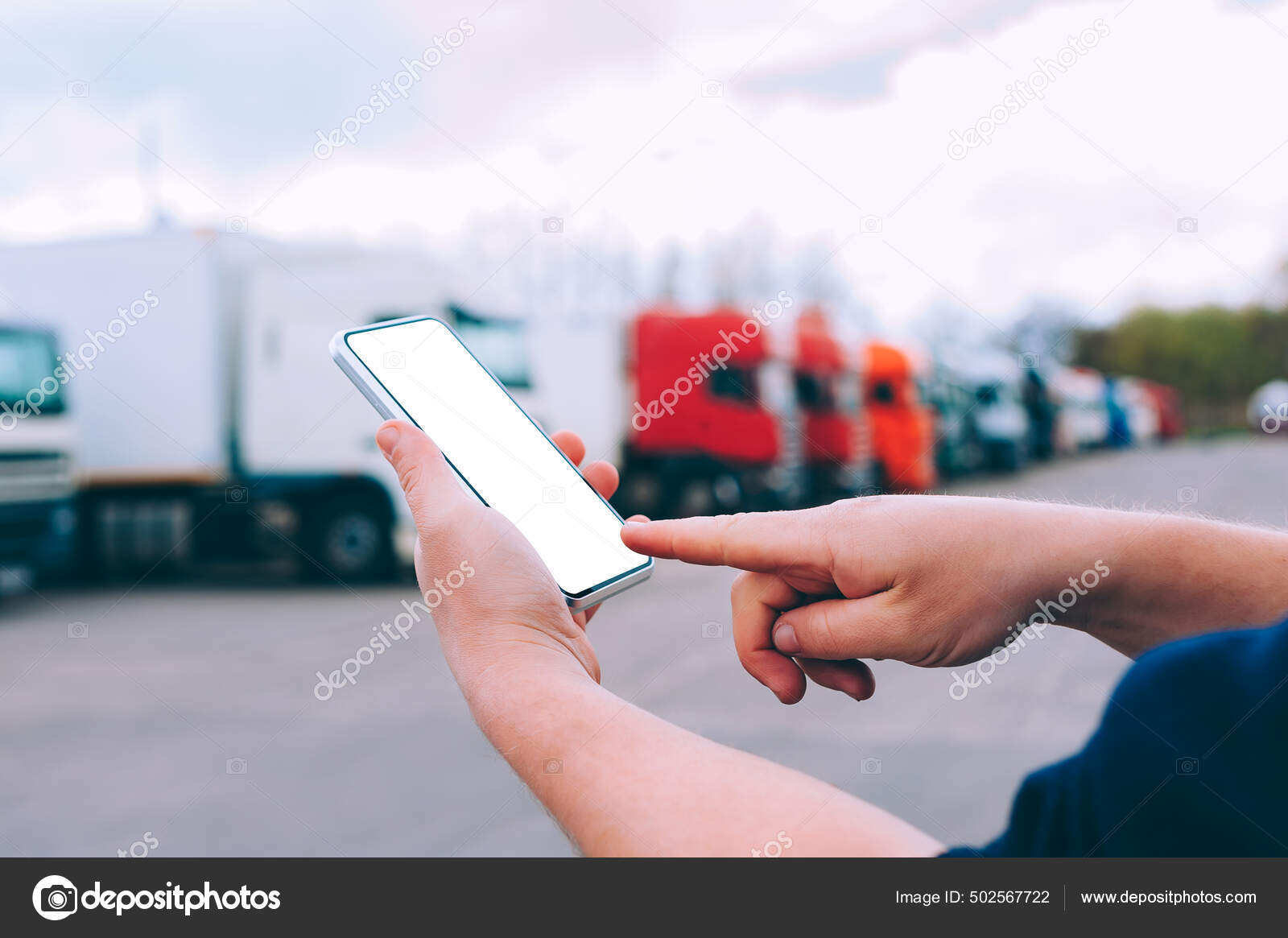 Mock Smartphone Hands Man Background Red Trucks Logistics Concept Stock ...