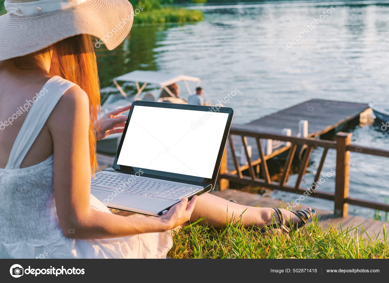 Mock Image Woman Using Typing Laptop Blank Desktop Screen While — Stock ...