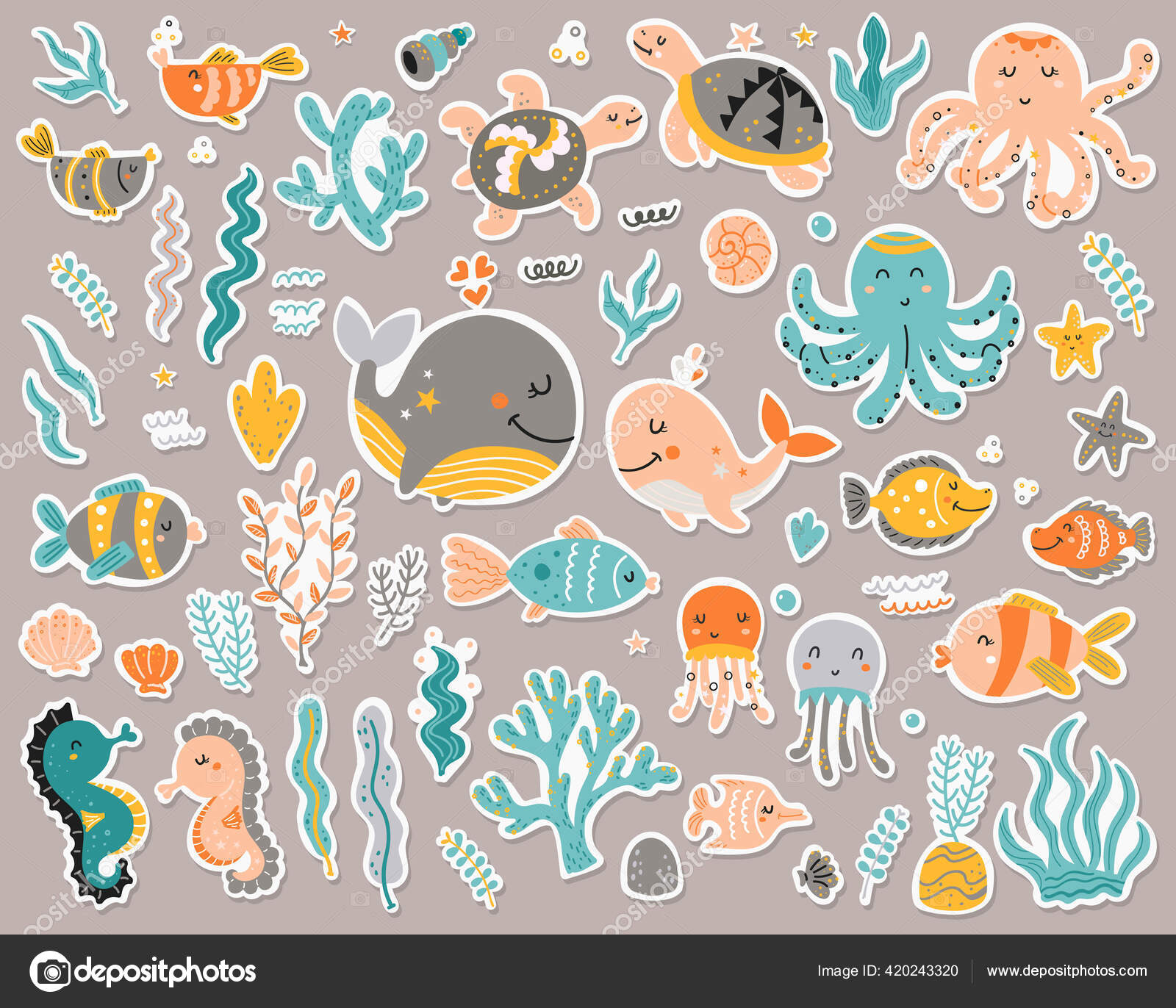 Colección Pegatinas Animales Marinos Ilustración Vectorial Para ...