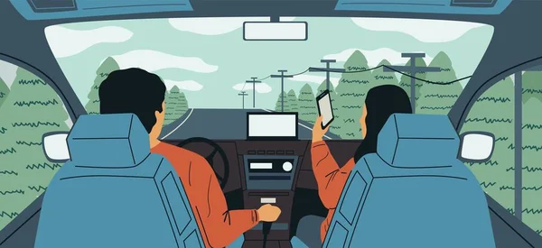 Cartoon car interior. Couple driving during vacation trip. View from ...