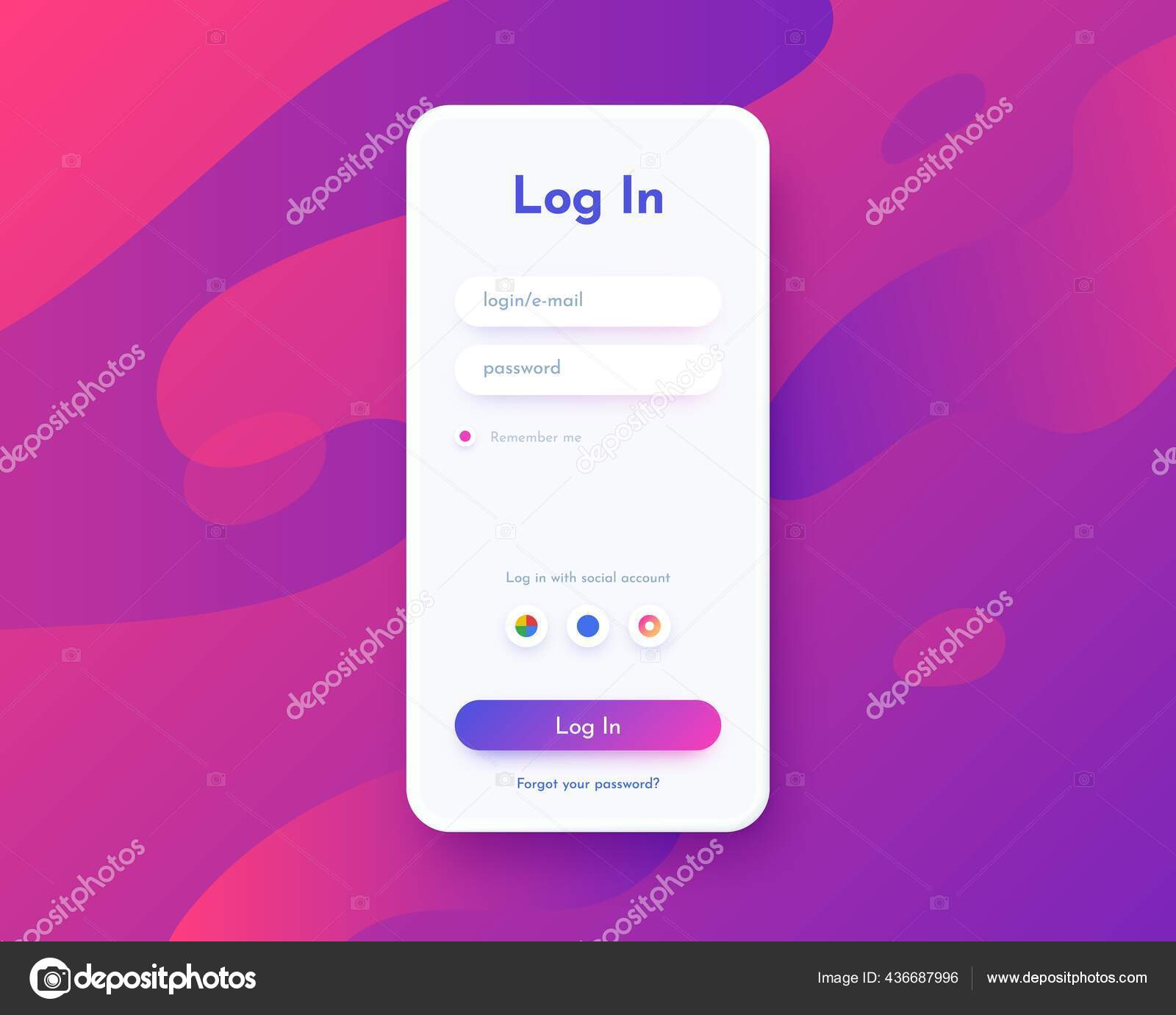 Log in screen. Mobile application interface, registration form with ...