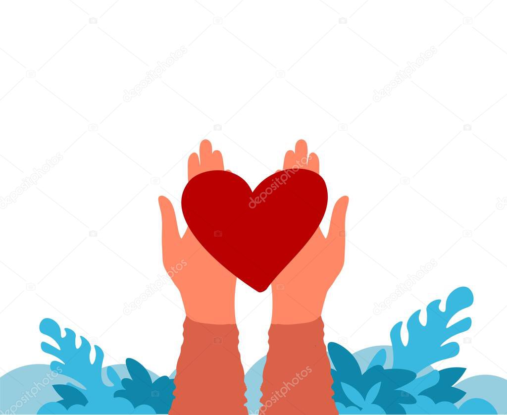 Manos sosteniendo el corazón. Concepto de caridad y donación. Banner voluntario y filantrópico ...