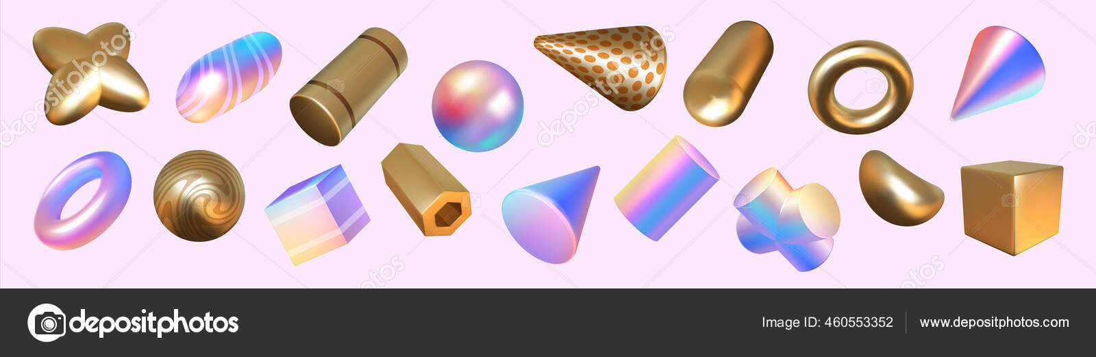 Render shapes. Abstract geometric holographic or golden minimal ...