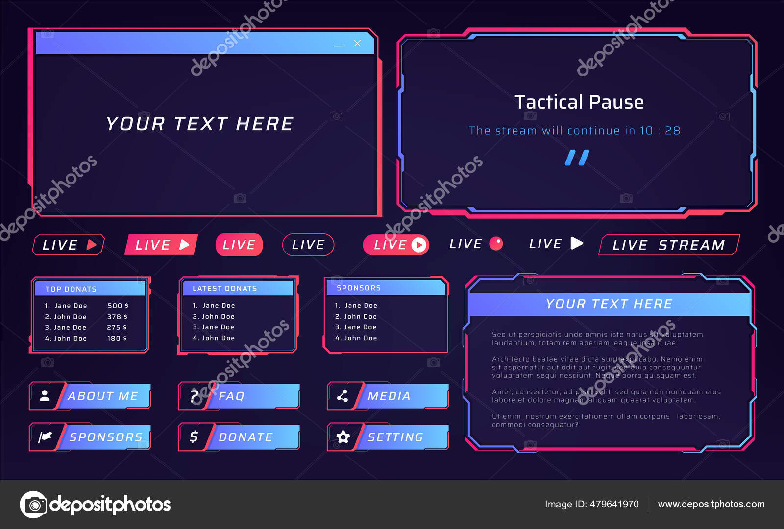 Live streaming interface. UI frames for video conference. Buttons and ...