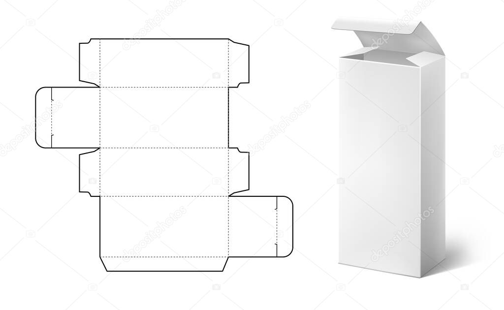 Kutu kesildi. Gerçekçi karton paket planının taslağı. Uzun dikdörtgen ...