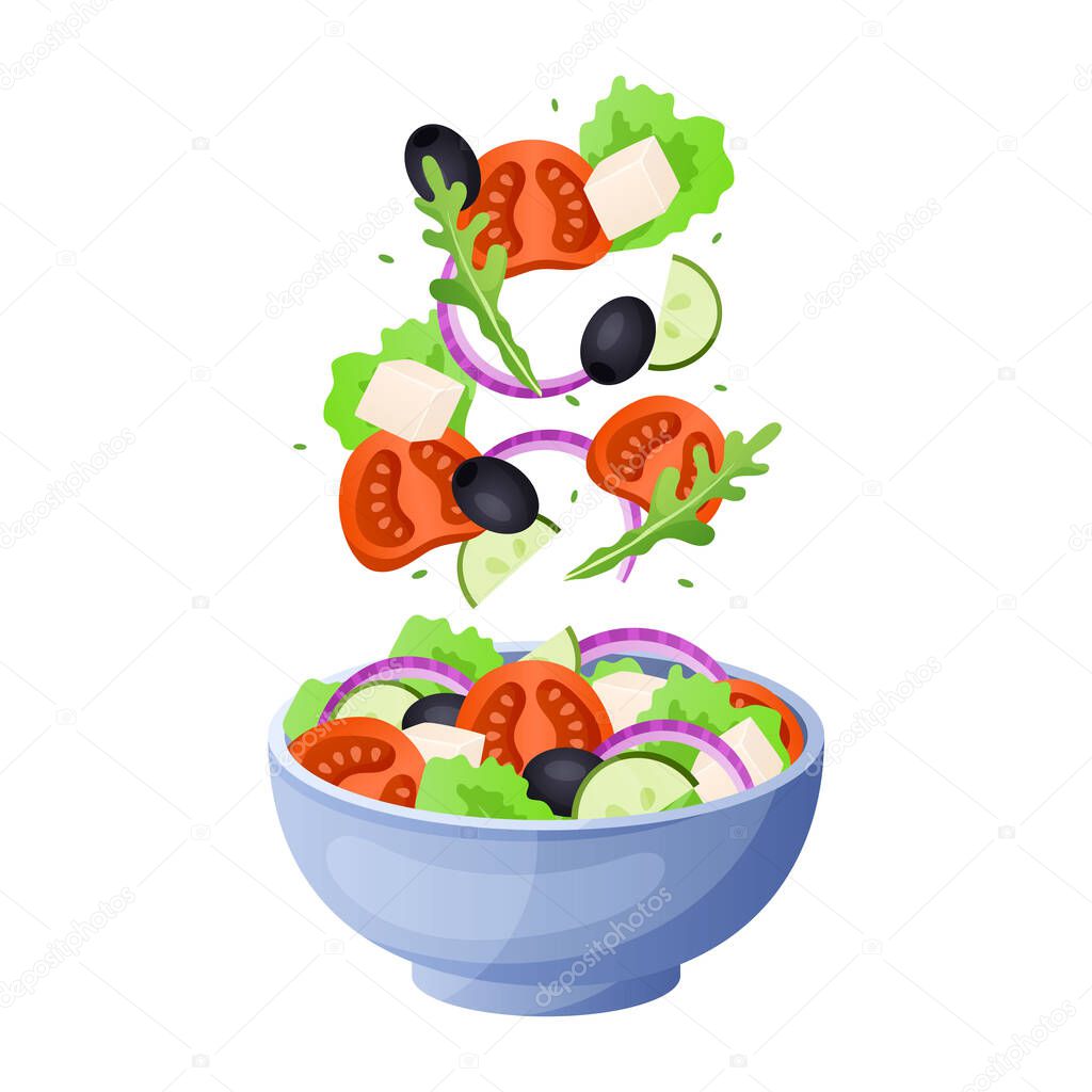 Ingredientes de ensalada. Hojas de lechuga voladora de dibujos animados ...