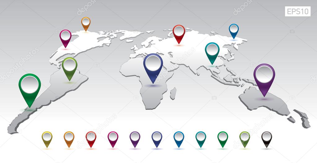 Multicolored glossy map point symbols set on the world map, arrows web ...