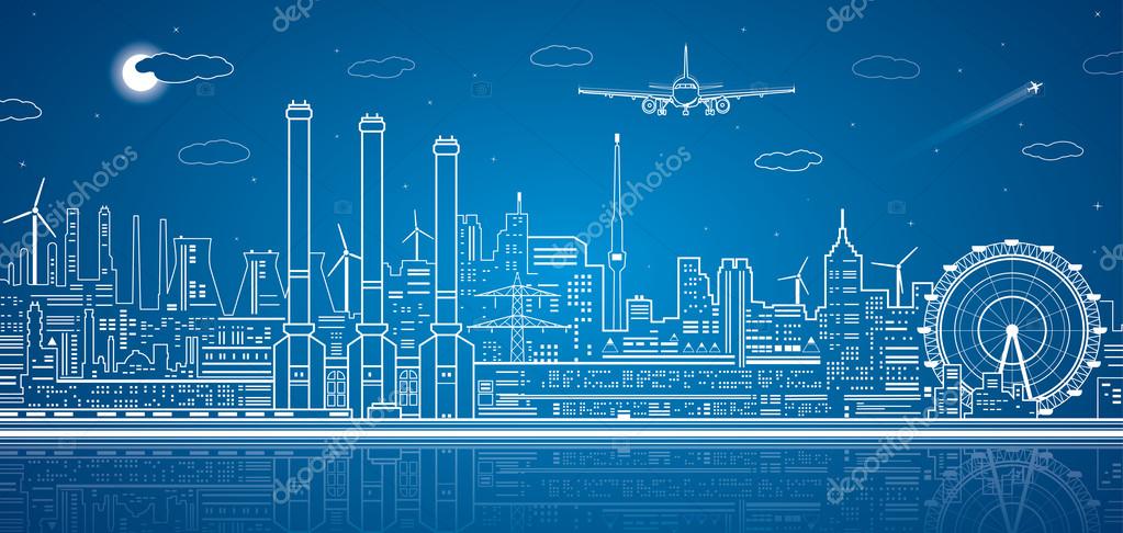 Vector lines power plant on the water, industrial vector design Stock ...