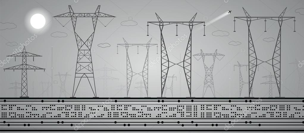 Energy panorama, power lines, industrial vector design, grey version ...