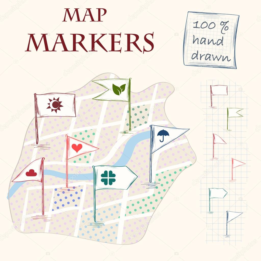Doodle map markers and flat navigation icons. Stock Vector Image by ...