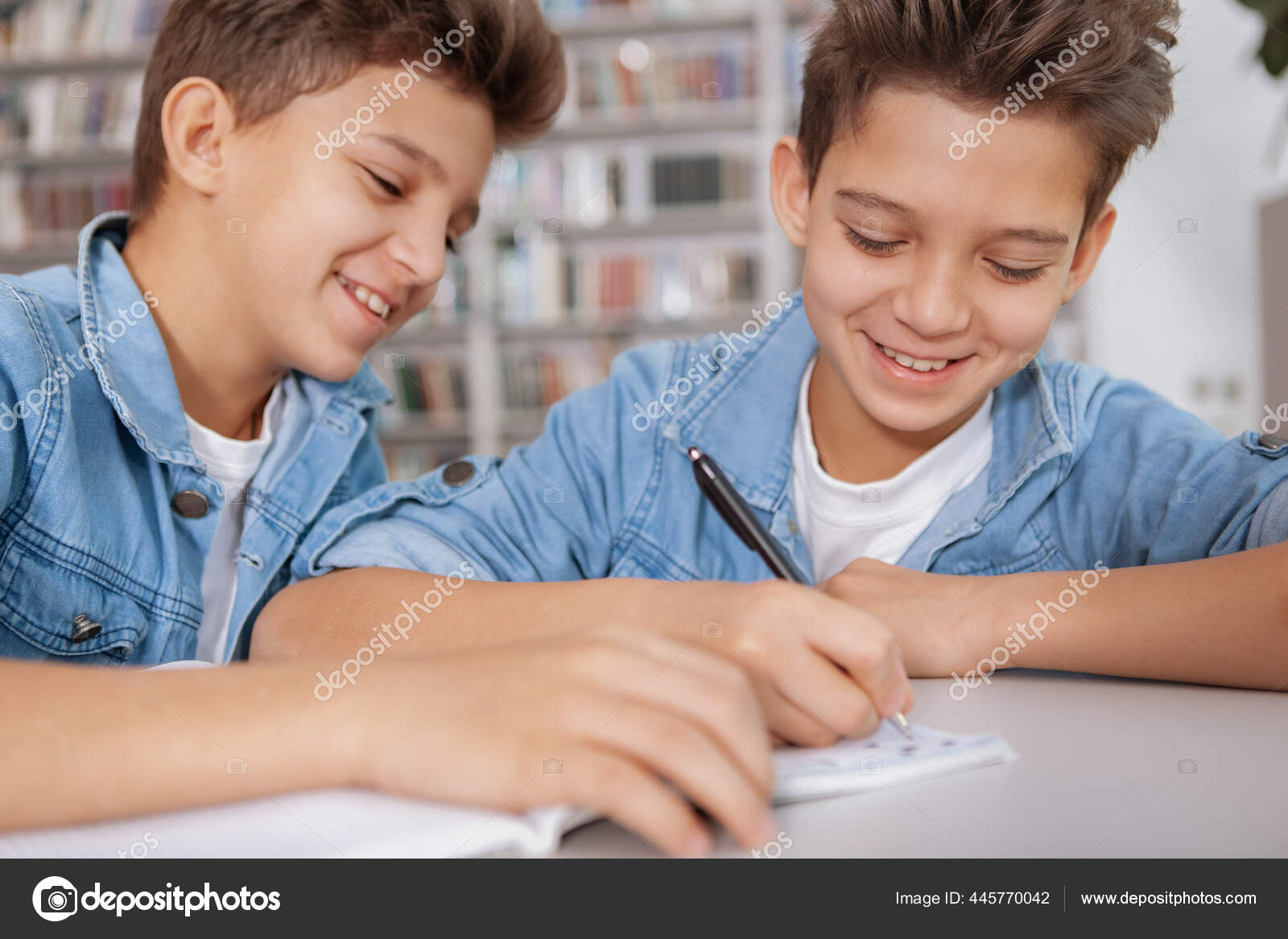Cropped Shot Two Cheerful Young Boys Enjoying Studying Together Library ...
