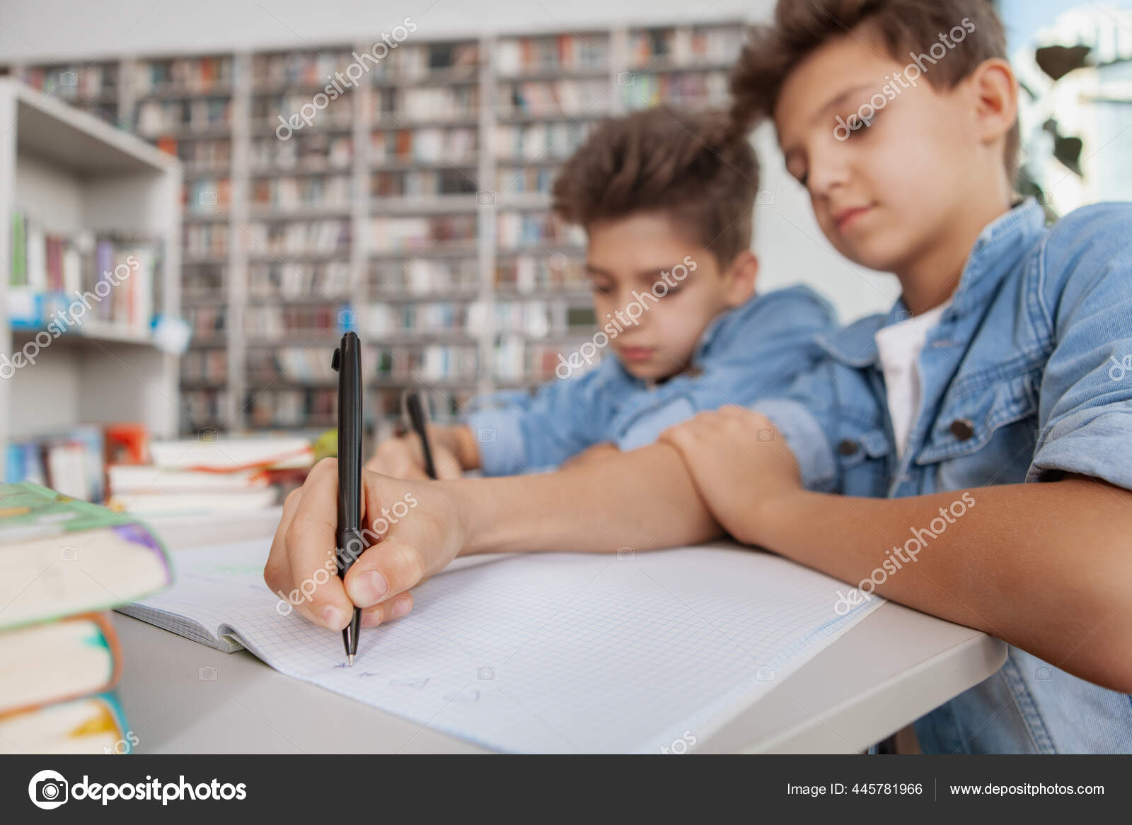 Twin Brothers Doing Homework Together Young Boys Studying Library ...