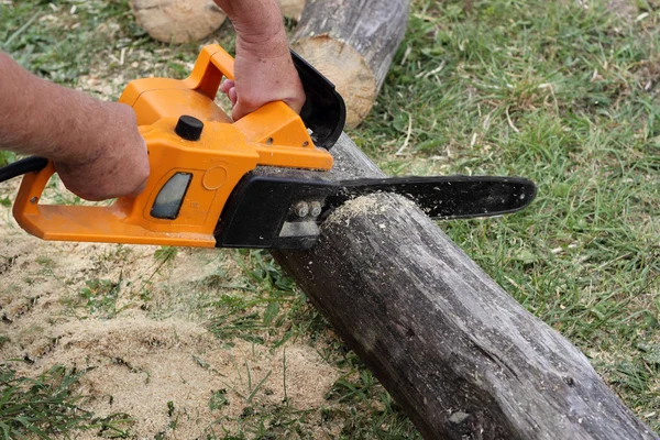 Worker cuts a beam by electric chain saw - Stock Image - Everypixel