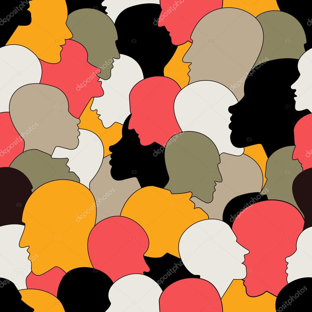 Seamless pattern of a crowd of many different people profile heads from ...