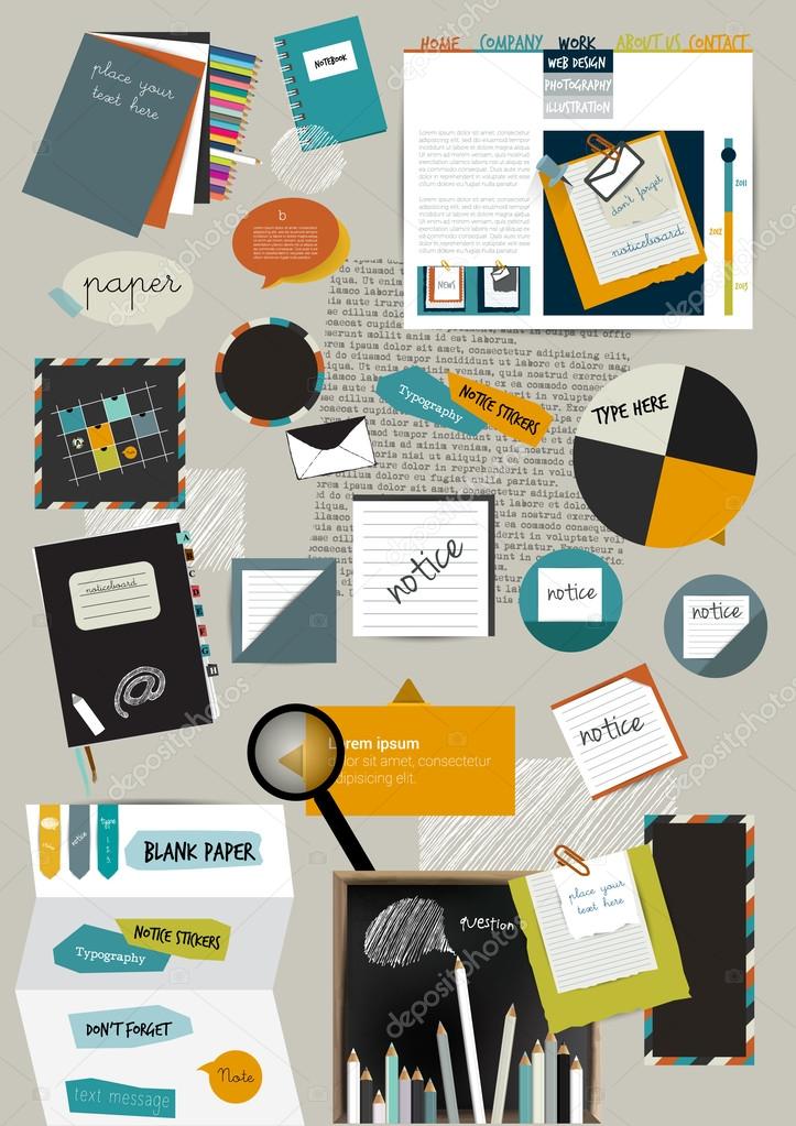 Work office web layout. Colorful flat graphic template. Folder, sticker ...